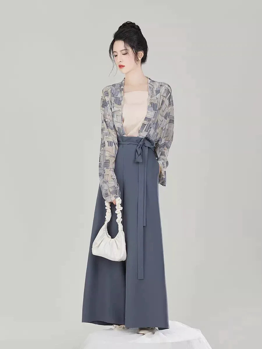 Qianmo Summer Hanfu Set – Song-Style Strap Top, Wide-Sleeve Shirt & R ...