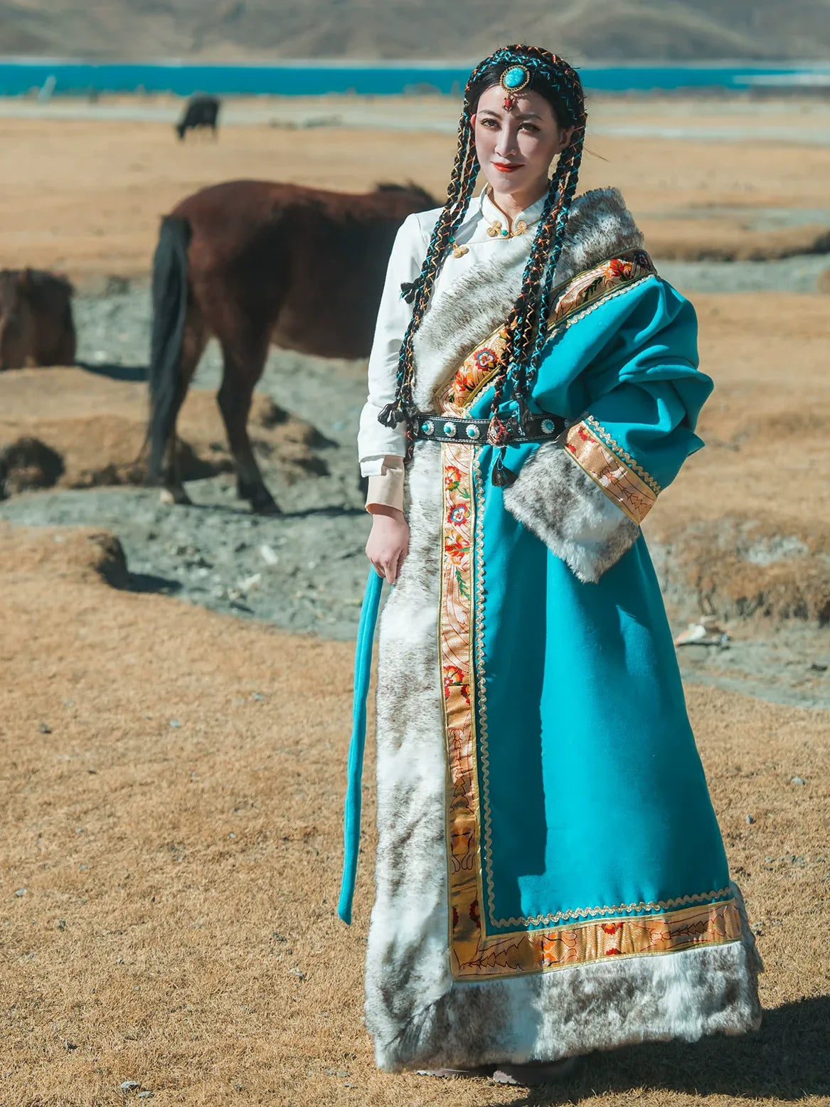 Peacock Blue Tibetan Dress | Chupa Robe Traditional Asian Fashion ...